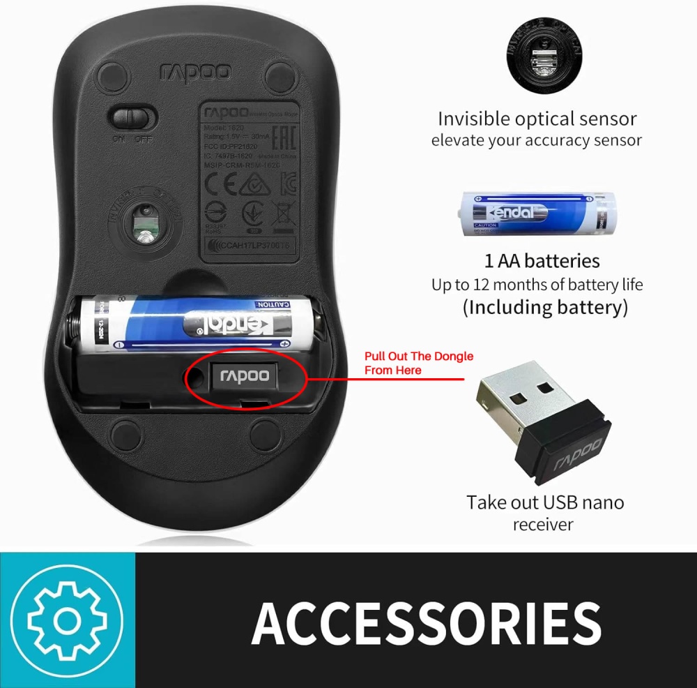 Rapoo 1620 2.4GHz Wireless Optical Mouse, Black - DigiDirect